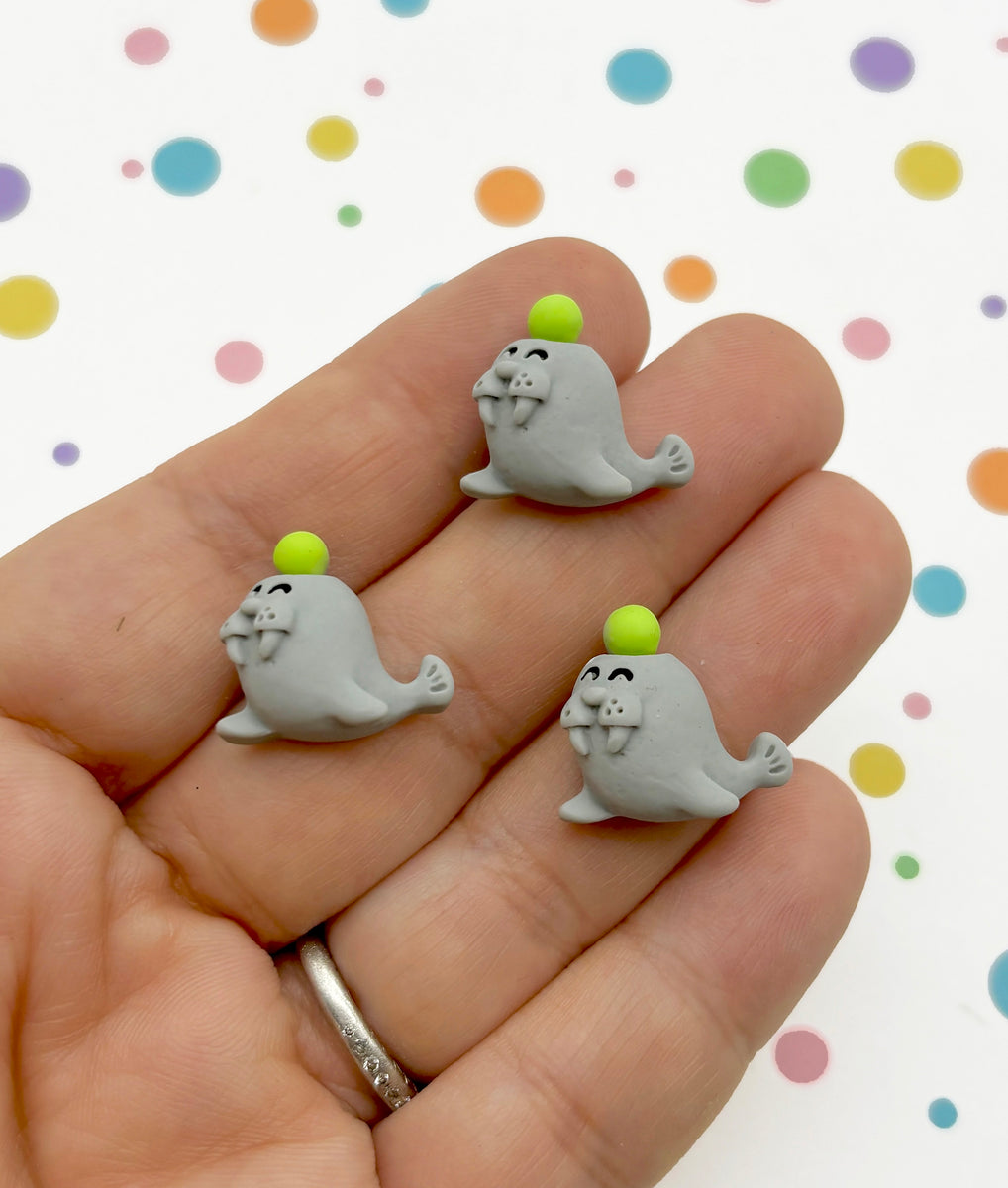 6 Flatbacked Resin Seal or Walrus Cabochons, Flat Backed Acrylic Plast ...
