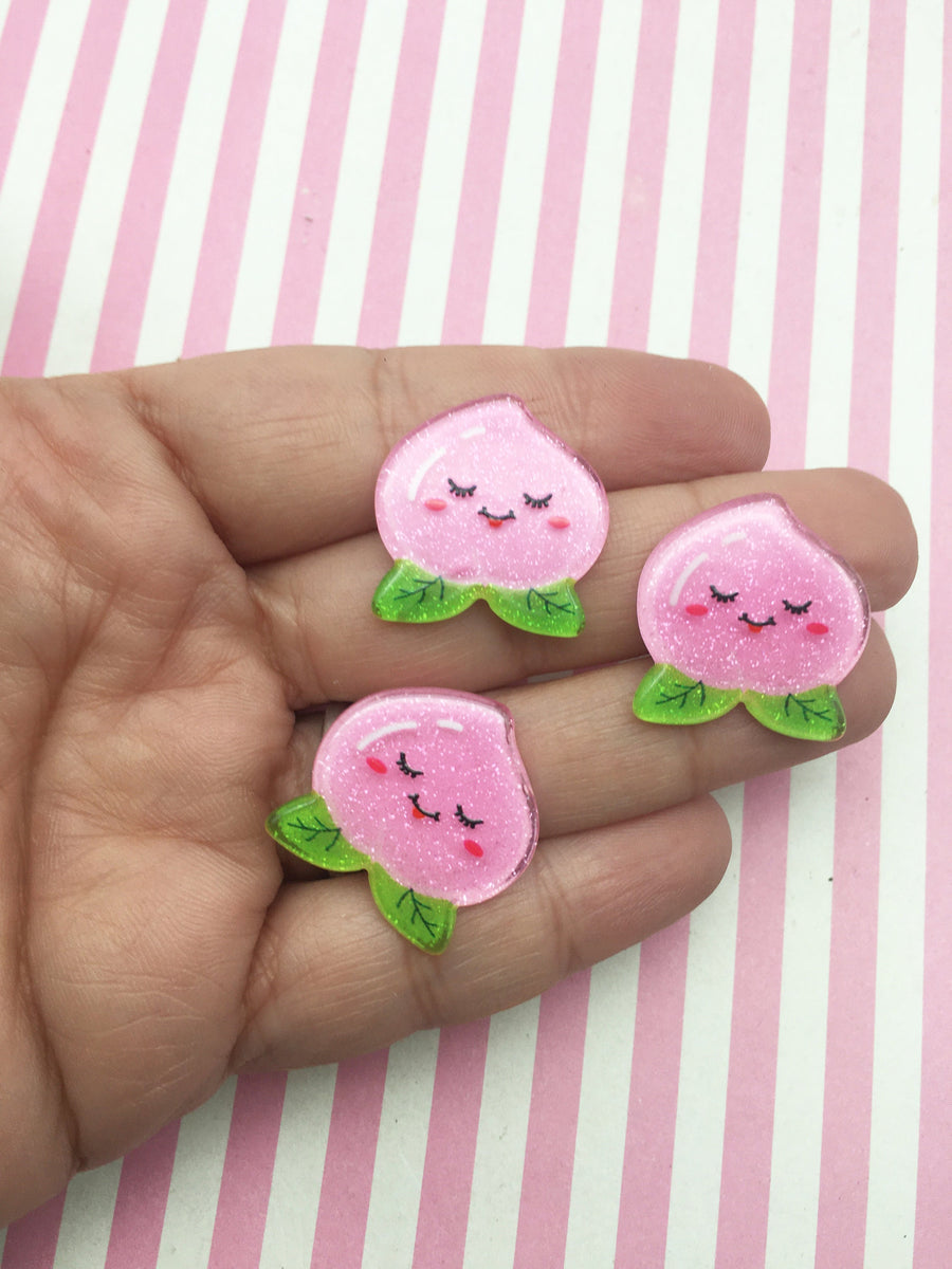 6 Flat Resin Glittery Peach Cabochons, Cute Kawaii Face Fruit Cabs #63 ...