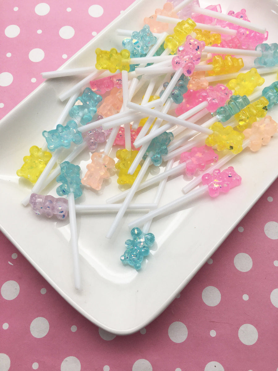 3 Small Pastel Glittery Fake Candy Gummi Bear Sucker Long Stem Lollipo ...