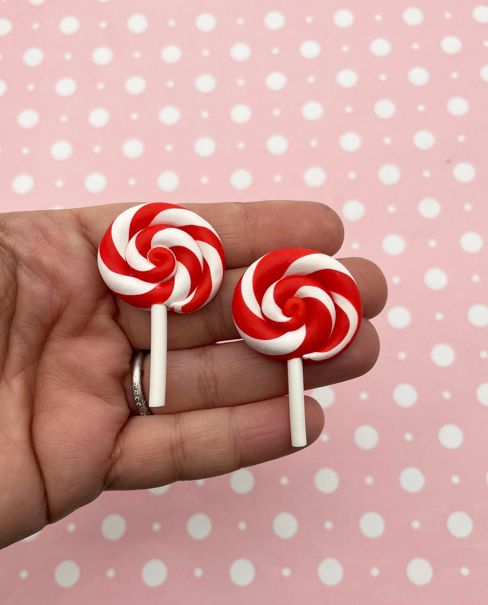 3 Christmas Red and White Peppermint Polymer Clay Lollipop Fake Candy ...