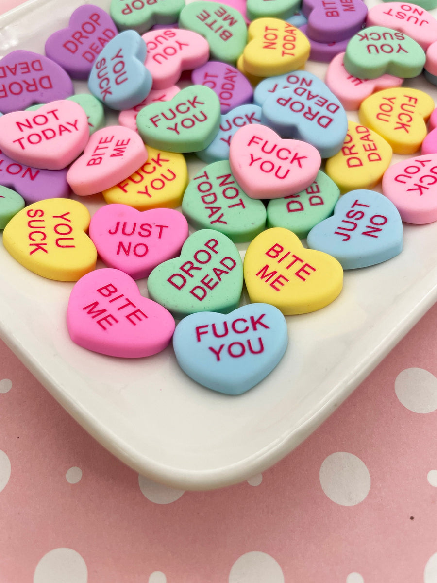 6 Multicolor Mean Curse Word Conversation Heart Resin Cabochons, Valen ...